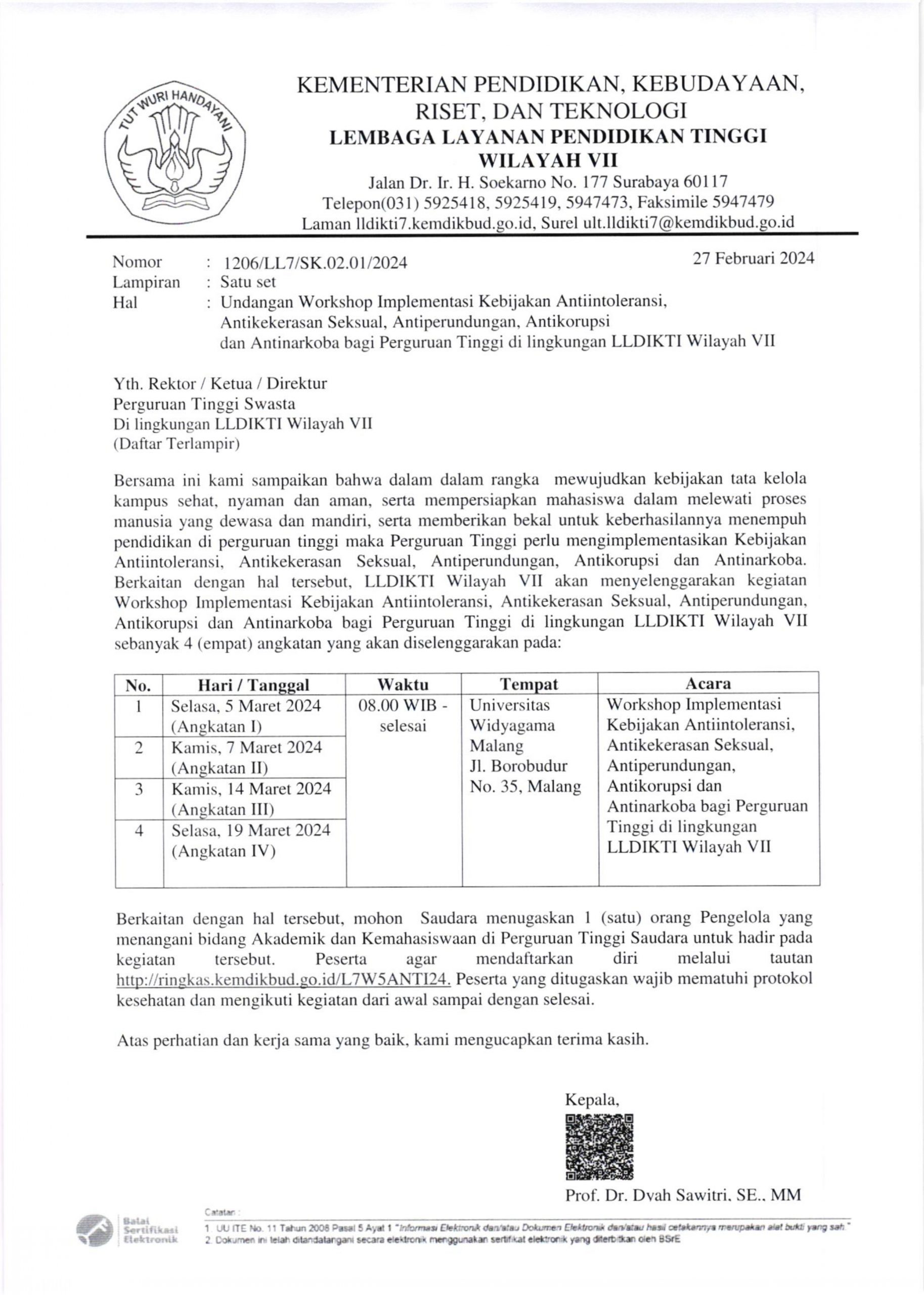 UNDANGAN WORKSHOP IMPLEMENTASI KEBIJAKAN ANTIINTOLERANSI, ANTIKEKERASAN SEKSUAL, ANTIPERUNDUNGAN ...
